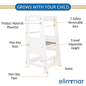 ELIMMAR Toddler Standing Tower - Wooden Learning Tower for Children - 5-Level Adjustable Height, Non-Slip Steps & Feet Pads, Silicone Mat, 2 Safety Bars - Helper Stool for Kids - White, 16x15.7x35.4