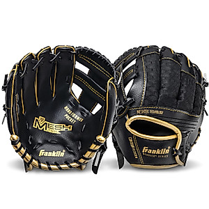 Franklin Sports Kids Baseball Gloves - Meshtek Child's Teeball Glove + Ball Set - Boys + Girls Teeball Mitt Set - Left Hand Throw - 9.5" - Black/Gold