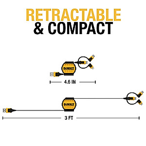 DEWALT 3 in 1 Retractable Multi Charging Cord, 3ft Fast Charger Cord, Multi Charger Adapter with Lightning/Type C/Micro USB Port for iPhones/Samsung Galaxy/PS/Tablets/More