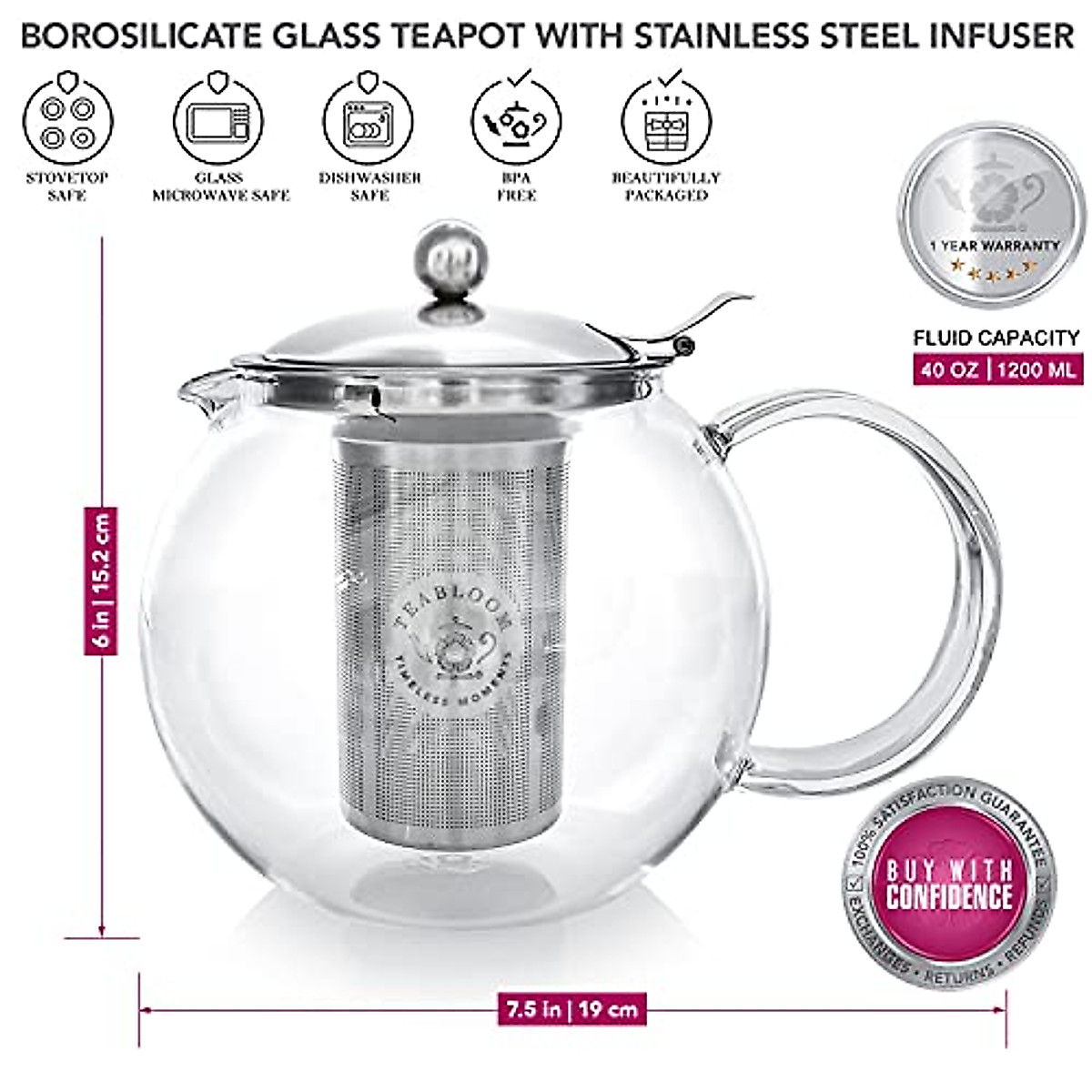 Teabloom Stovetop Safe Glass Teapot with Removable Infuser (40oz/1200ml) and Four Double Walled Glass Cups (5oz/150ml) - Classica Tea Set