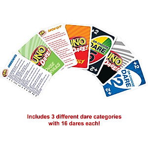 Mattel Games UNO Dare Card Game for Family Night Featuring Challenging and Silly Dares from 3 Different Categories