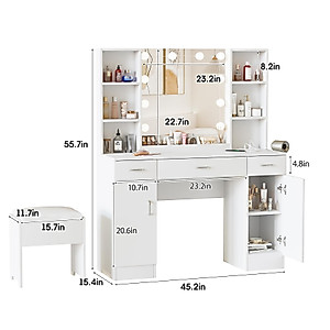 Vabches Makeup Vanity Table with Lighted Mirror & Power Strip, Large Vanity Set Vanity Desk with Lots Storage, 3 Lighting Modes, Brightness Adjustable, 45.2in(L)