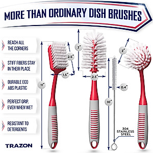 Dish Brush Set of 3 with Bottle Water Brush, Dish Scrub Brush and Scrubber Brush - Kitchen Scrub Brushes Ergonomic Non Slip Long Handle for Cleaning Cleaner Wash Sink Dishes Bottle Cup Glass Pot (Red)