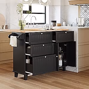 Kitchen Island Set, Rectangular Bar Table with 2 Seatings & Drop Leaf, Dining Table Set with Storage Cabinet & Drawers, Wood Sideboard with Towel Rack for Kitchen Dining Room (Black+Rustic Brown)