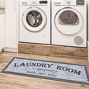Ottomanson Laundry Collection Non-Slip Rubberback Laundry Text Design 2x5 Laundry Room Runner Rug, 20" x 59", Light Gray