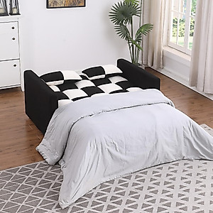 VITOVMA Twin Sleeper Sofa Teddy Fabric Loveseat Couch, 3 in 1 Convertible Sleeper Chair Bed Pull Out Sofabed with Reclining Backrest, 2 Pillows, RV Furniture for Small Places (Black & White)