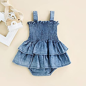 Baby Girl Denim Rompers Sleeveless Suspender Pleated Ruffle Hem Bottom Snap Jumpsuits Dress Clothes (Blue, 0-3 Months)