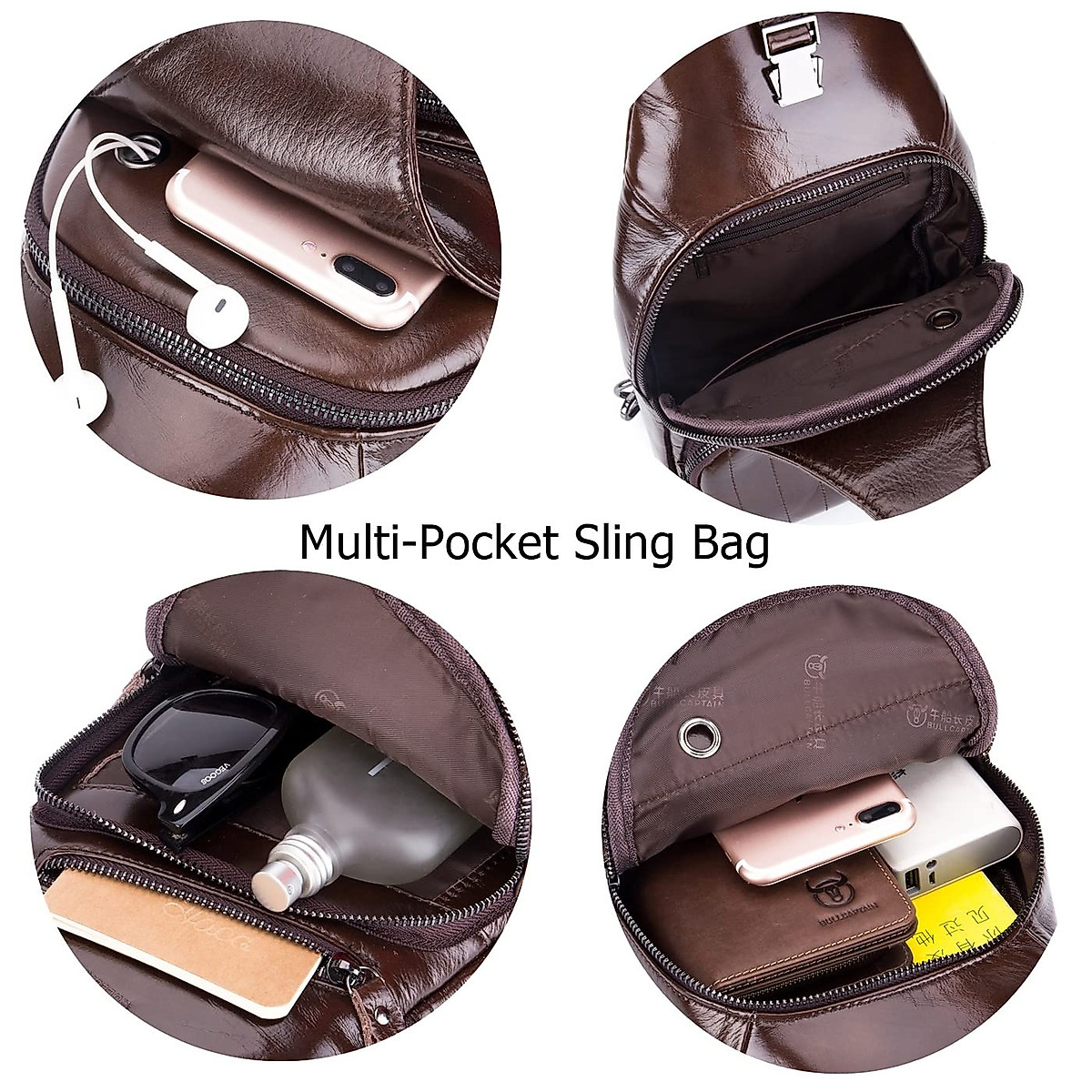 BULLCAPTAIN Men Genuine Leather Sling Bag Backpack Multi-pocket Chest Bag Outdoor Hiking Travel Daypack (Coffee)