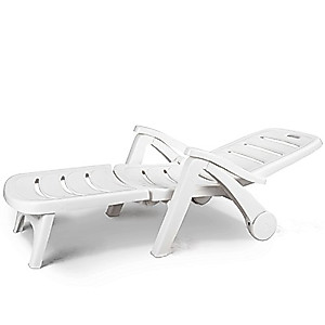 Giantex Folding Lounger Chaise Chair on Wheels Outdoor Patio Deck Chair Adjustable Rolling Lounger 5 Position Recliner w/Armrests (1, White)
