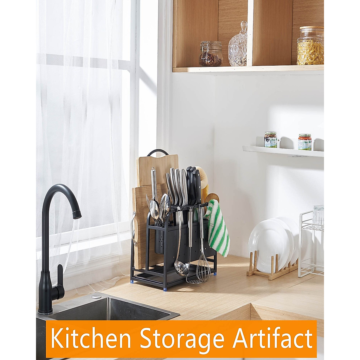 Allvin Knife Holder and Cutting Board Holder,Stainless Steel Material,This Kitchen Utensil Organizer is Perfect for Storing Your Knives, Cutting Boards, Chopsticks, Spoons, and Forks Etc (Black)