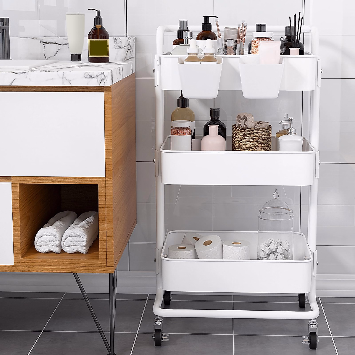 EZ COZY 3 Tier Rolling Cart Heavy Duty,Metal Rolling Utility Cart with Wheels and Handle, Rolling Storage Cart with 2 Hanging Buckets, Multifunctional Trolley for Kitchen, Living Room, Office (White)