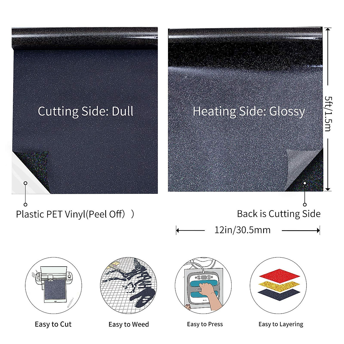 TransWonder Black Glitter HTV Glitter Heat Transfer Vinyl 12inx5ft Glitter Iron on Vinyl HTV Vinyl for Cricut T Shirts (Black)