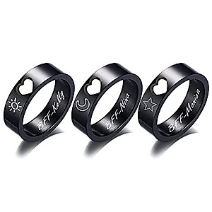MZZJ Set of 3 Best Friend Ring Band Moon Sun Star Ring Personalized Friendship Ring Minimalist 6MM Black Stainless Steel Heart Shape Cut out Flat Stackable Knuckle Ring Wedding Band,Bridesmaid Gift
