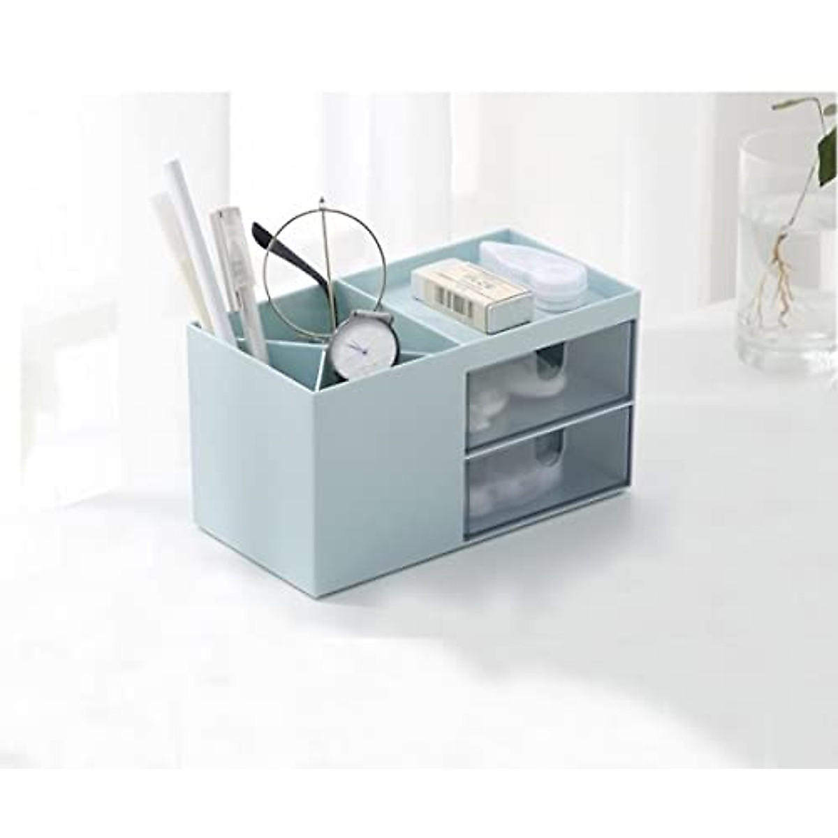 Najerao - Desktop Storage Organizer Pen Holder for Desk Cute Pencil Holder with 2 Drawer Desk Organization for Office, Home, School(Blue)