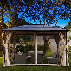 Grand Patio 10'x13' Gazebo Outdoor Hardtop Polycarbonate Gazebo Canopy with Netting and Curtains for Garden, Patio, Backyard