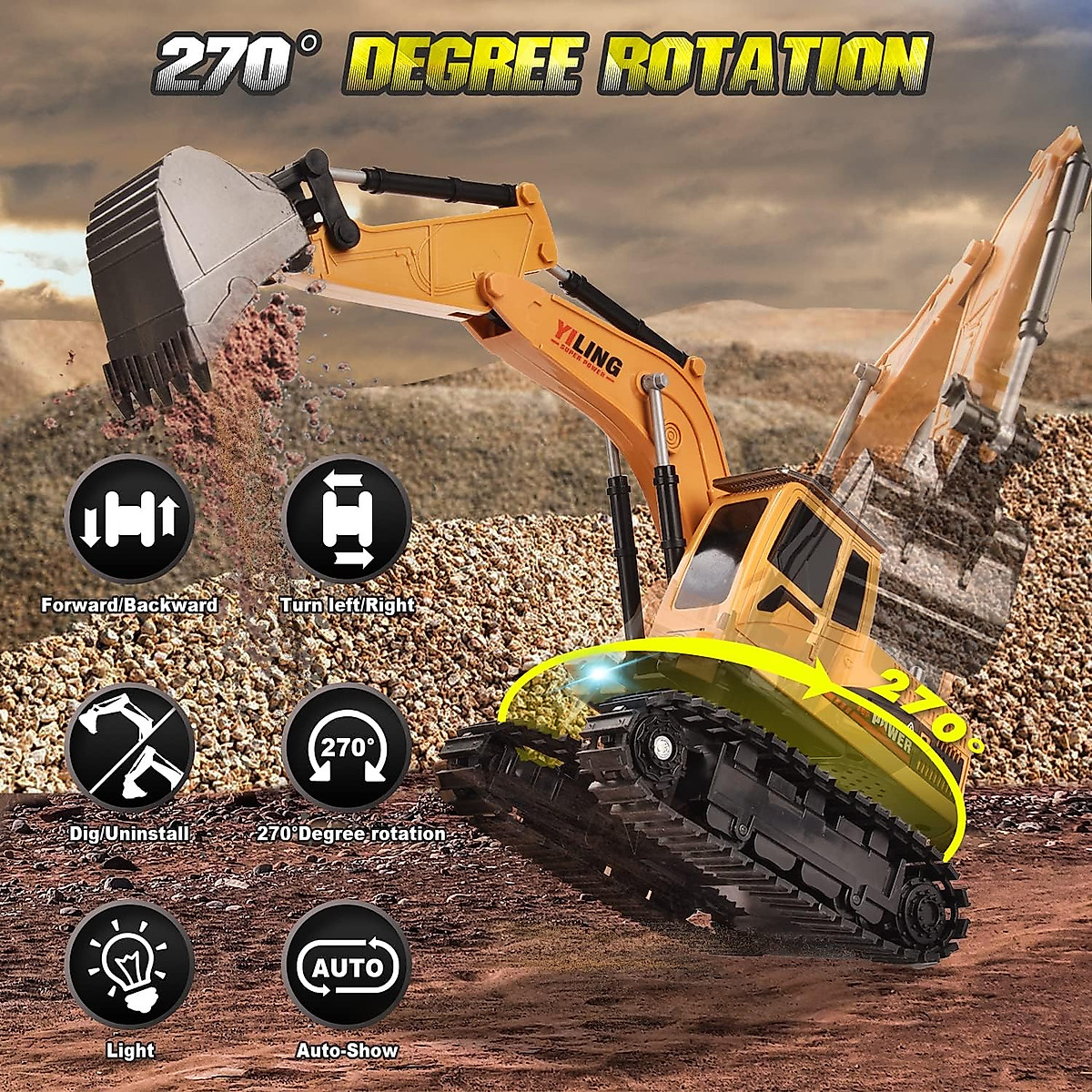 Hodlvant Remote Control Excavator Toy, Engineering Digger Truck, Metal Shovel Digger Vehicles with Lights & Sounds, 2.4Ghz RC Construction Car with 2 Batteries, Gifts for Kids Boys Age 3 4 5 6 7 8 9+