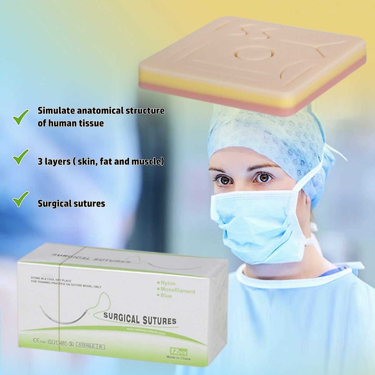 Vision Scientific VSPN11 4” X 4” Suture Pad with 11 Pre-Cut Wounds |24 Nylon Thread 75cm W Stainless Needle | 3 Layers Tissue | Mesh Layer for Durability & Reusable (Educational & Training Use Only)
