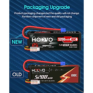 HOOVO 7.4V 5200mAh 80C 2S Lipo Battery Hard Case with EC3 Plug for Popular RC Car RC Helicopter Quadcopter UAV Drone FPV Tracxas Slash Buggy Team Associated(2 Packs)