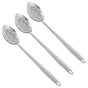 Stainless Steel Slotted Serving Spoon - Pack of 3 - Large Metal Cooking Spoon with Holes - Long Handle Perforated Metal Spoon