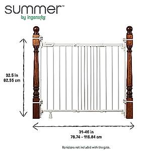 Summer Metal Banister & Stair Safety Pet and Baby Gate, 31"-46" Wide, 32.5" Tall, Install Banister to Banister or Wall, or Wall to Wall in Doorway or Stairway, Banister and Hardware Mounts - White
