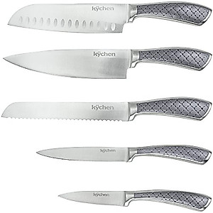 Set of 5 Tizona Kitchen Knives - Premium Stainless Steel Cutlery with Patterned Handles & Clear Acrylic Display Case, Professional Cutting Utensils by Kÿchen