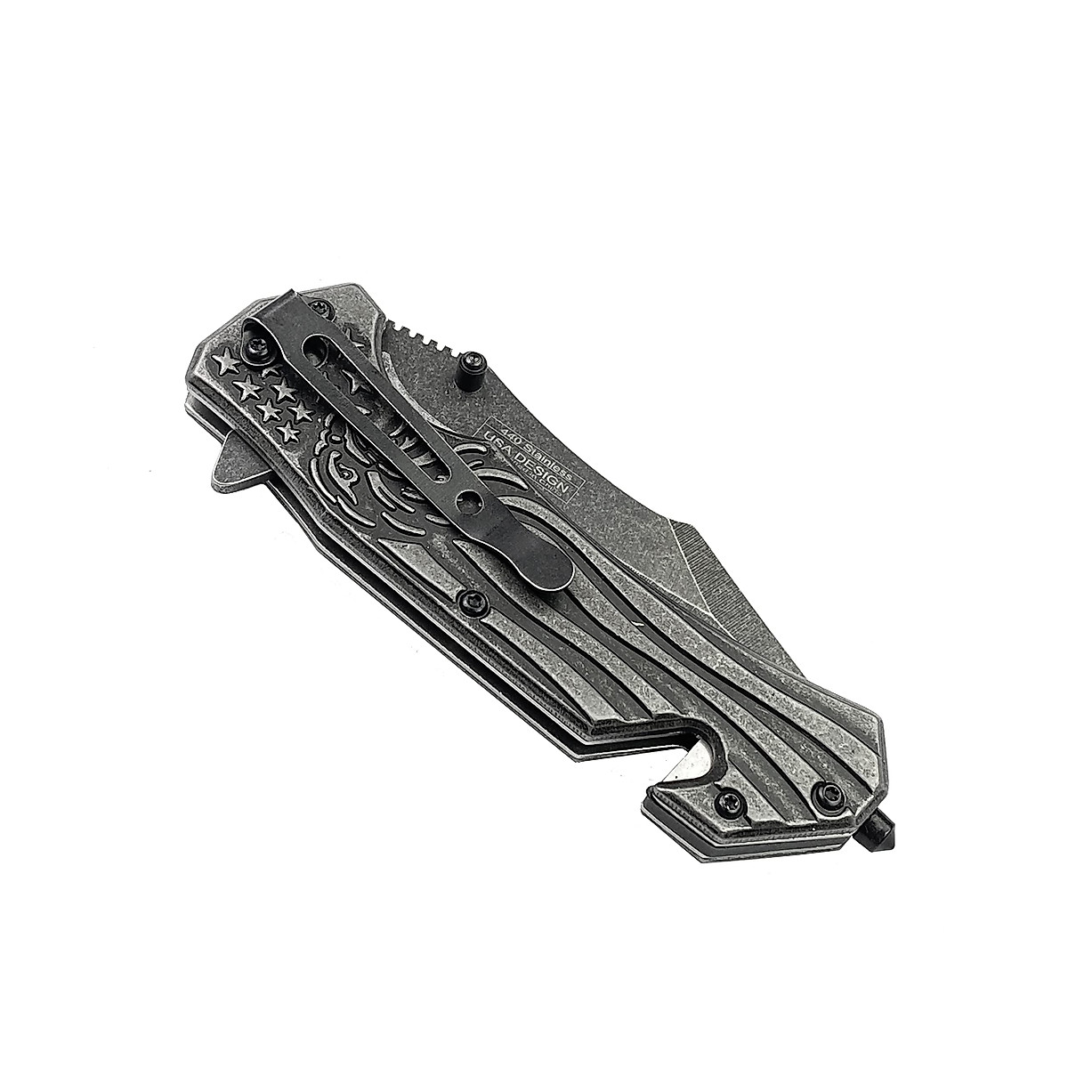 Falcon 8" U.S American Flag Eagle Engraved Assisted Open Tactical Stainless Steel Folding Clip Point Knife with Seatbelt Cutter and Glass Breaker