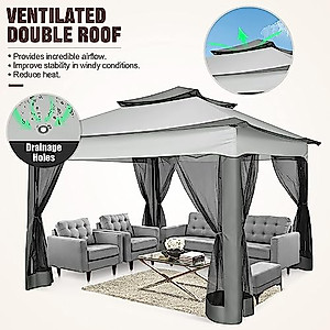 COBIZI Pop Up Gazebo Patio Gazebo 11x11 Outdoor Gazebo with Mosquito Netting Outdoor Canopy Shelter with Double Roof Ventiation 121 Square Feet of Shade for Lawn, Garden, Backyard and Deck, Gray