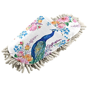 Birds Peacocks Flowers Mop Slippers Shoes Cover for Floor Cleaning Washable Dirty Hair Dust Cleaners Microfiber Mop Socks for House Kitchen Office