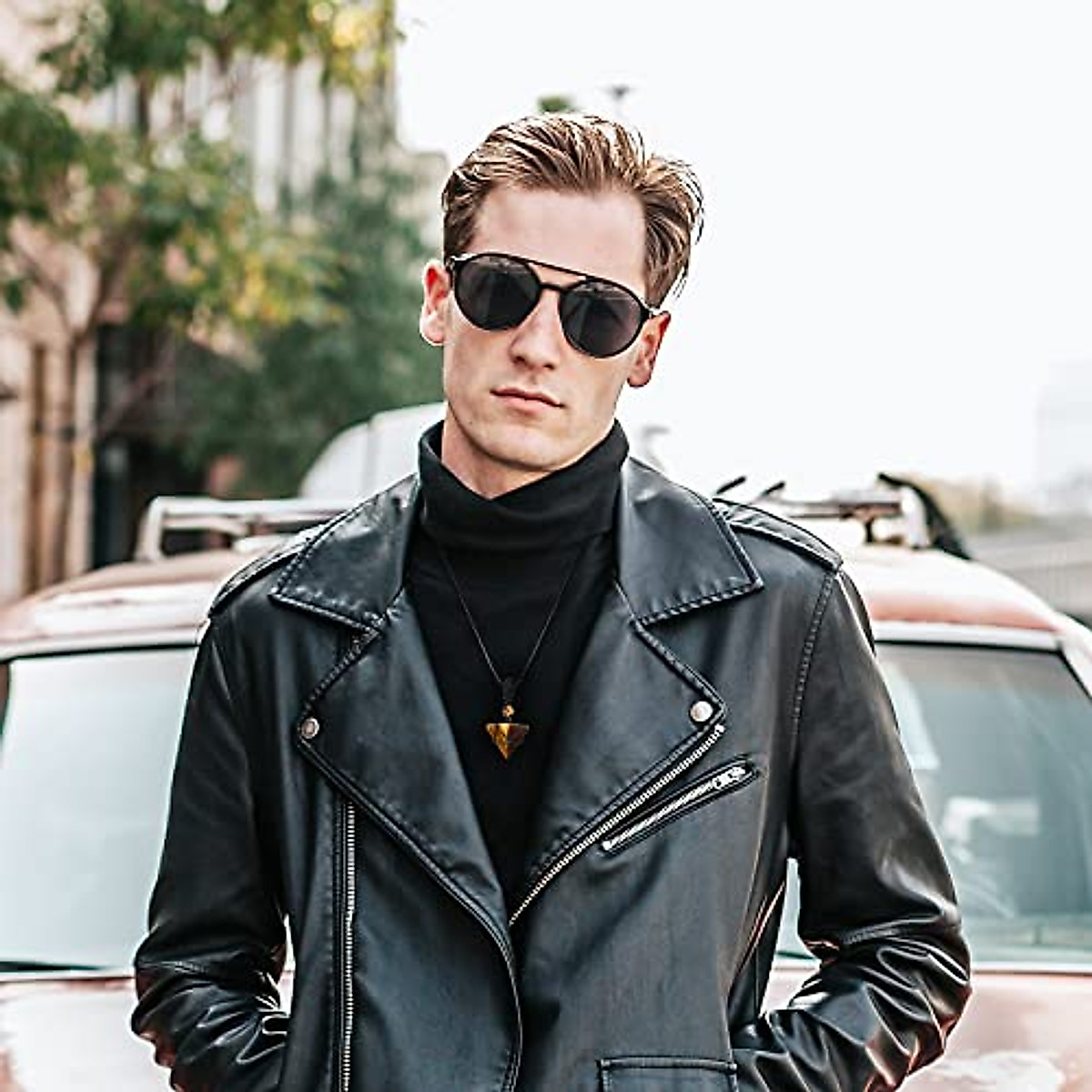 Top Plaza Tiger Eye Stone Healing Crystals Necklace for Men Boys Pyramid Stone Necklace Adjustable Rope Natural Gemstone Pendant Necklace Spiritual Protection Energy Men Jewelry Gifts