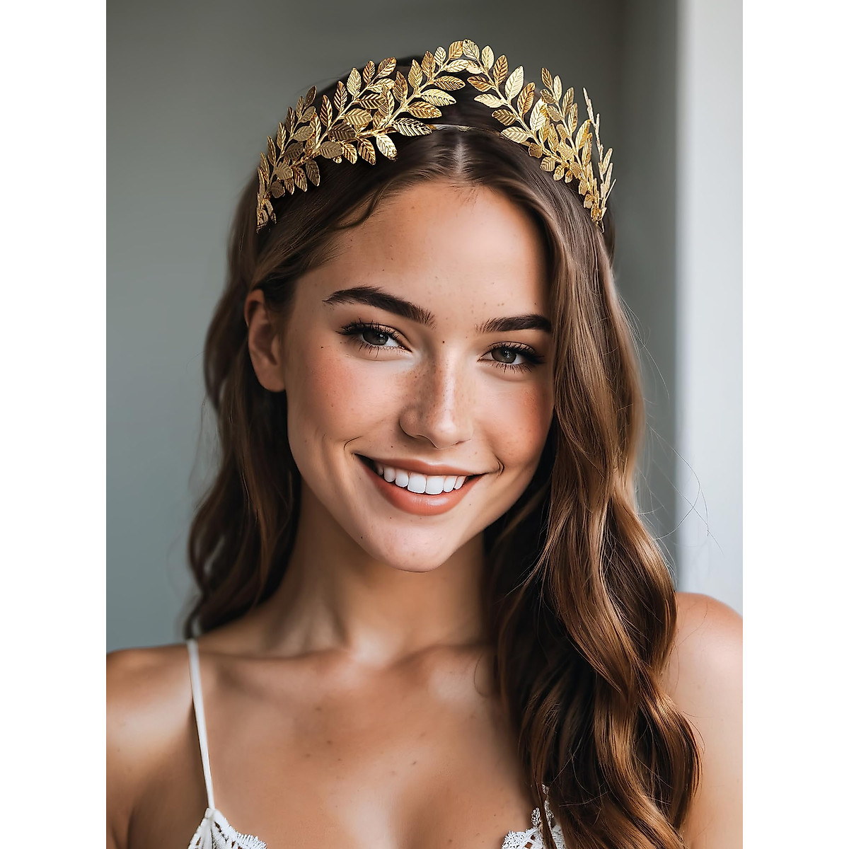 SWEETV Goddess Crown Bridal Headband Leaf Tiara Wedding Headpiece Gold Costume Accessories Greek Bridesmaid Prom Festival Hair Accessories Queen Crown Wedding Hair Piece for Women and Girls
