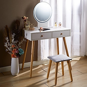 LUXFURNI Vanity Desk with Lighted Mirror, Makeup Vanity Table Set, Adjustable Brightness, Large Drawer Sturdy Wood, Soft Chair Dresser Desk for Bedroom (White, 32x16x44.5H)