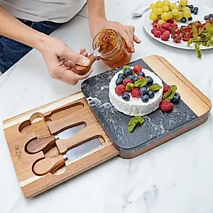 Cheezcare Marble Cheese Board - Acacia Wood Tray with 3-Knife Set - Marble Charcuterie Board for 2-6 People - Great Gift for Weddings, Anniversary & Housewarming Parties - Black Marble Board