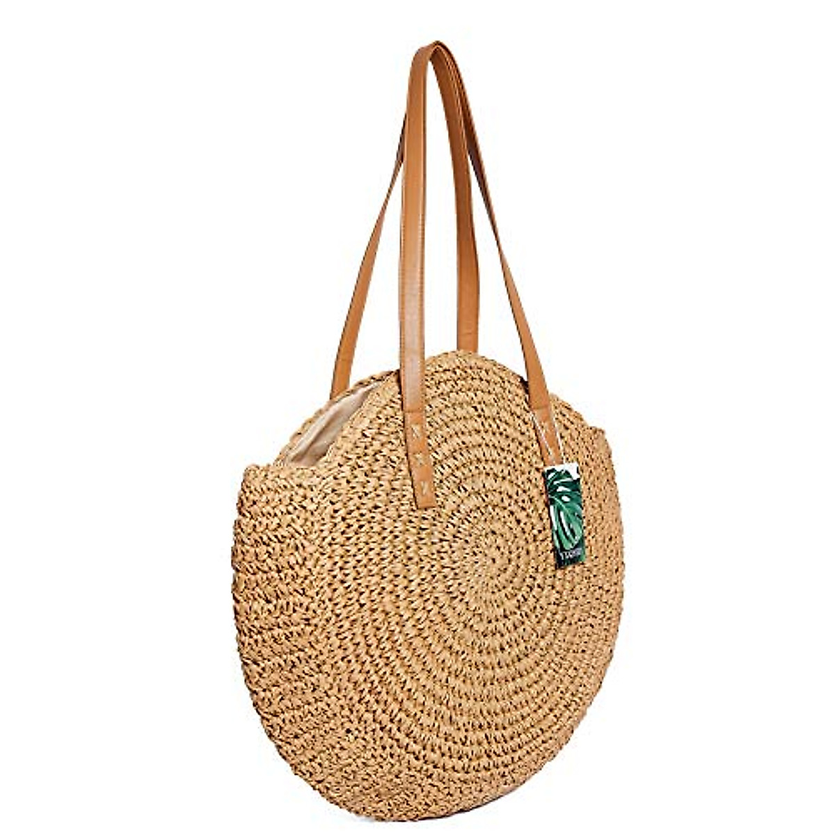 YXQSED Round Woven Bag - Summer Beach Bags Straw Handwoven Singleshoulder with Leather Handles，Zipper（Khaki） L