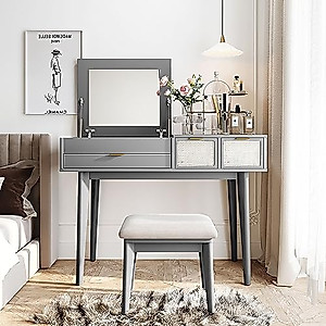 Lifeand 43.3" Classic Wood Makeup Vanity Set with Flip-top Mirror and Stool, Dressing Table with Three Drawers and Storage Space,Gray