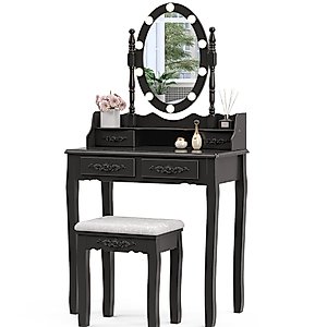 Alohappy Vanity Desk Set with Lighted Mirror, Black Makeup Dressing Table Desk with Mirror & Lights, Padded Stool, 4 Drawers Storage & Easy Assembly for Bedroom, Bathroom