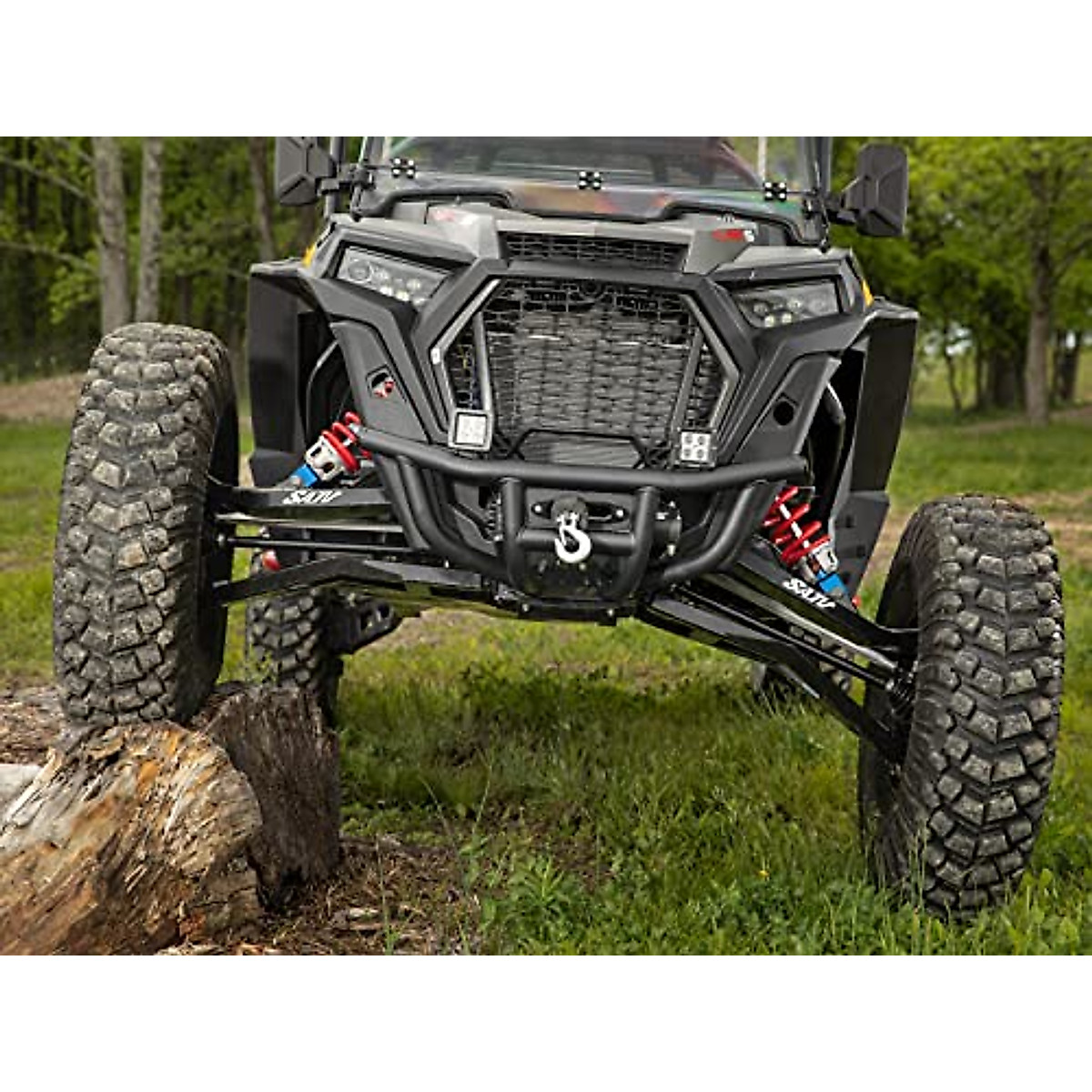 SuperATV Winch-Ready Front Bumper for Polaris RZR XP Turbo S (See Fitment) - Made of Heavy Duty Steel Tubing - 4500 Lb. SuperATV Winch with Synthetic Rope Included - Black, UV Resistant Powder Coating