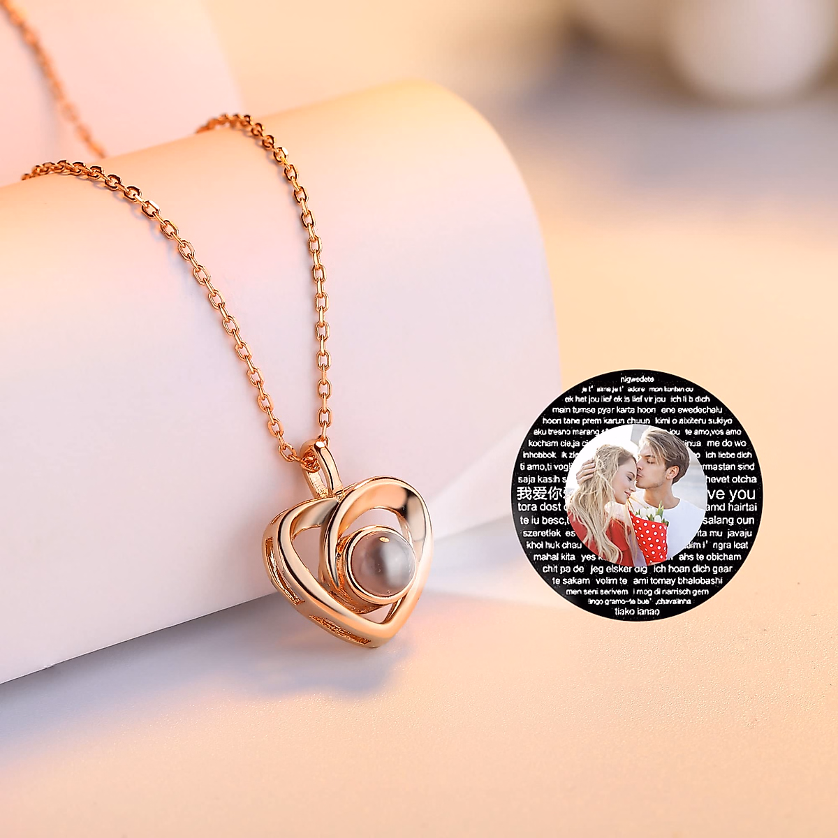 Jewenova 925 Sterling Silver Custom Photo Projective Necklace, I Love You Necklace 100 Languages Photo Necklace, Personalized Gift for Women, Rosegold