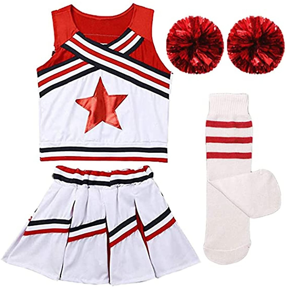 STARINGIRL Girls Kids Cheerleader Uniform Dance Crop Top with Skirt Knee Socks Match Pom poms Set Dress Outfits Set