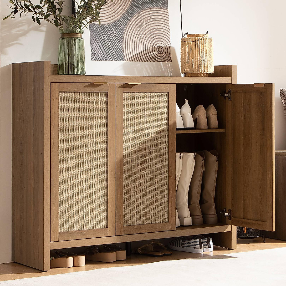 SICOTAS Rattan Shoe Storage Cabinet, 30 Pairs Shoe Cabinet Storage for Entryway, 6-Tier 41" Tall Shoe Cabinet Storage, Farmhouse Boho Storage Cabinet with Doors for Entryway Hallway Closet Living Room