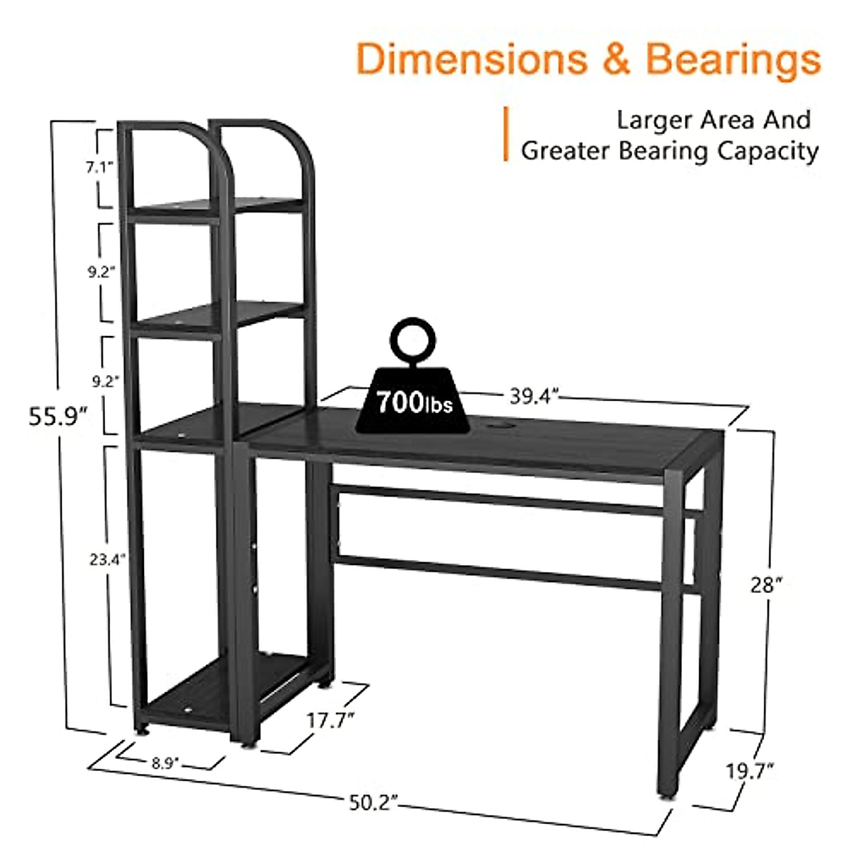 Computer Desk, Home Office Desk with Storage Shelves, 50 inch Study Writing Desk for Home Office, Computer Table Office Table Study Table Study Desk with Shelves, by DYAO, 50.2x19.7x28-55.9 inches