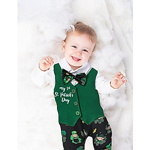 WIQI toddler boy St. Patrick's Day clothes Long Sleeve St. Pat's Day Shirt Romper Jumpsuit+ bow tie baby boy St. Patrick's Day outfit