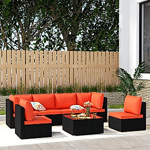 ESSENTIAL LOUNGER Outdoor Patio Furniture Set 7 Pieces Wicker Patio Conversation Set Outside Sectional Furniture Set Rattan Patio Sofa with Tempered Glass Table, Cushions & Pillows -Black,Orange