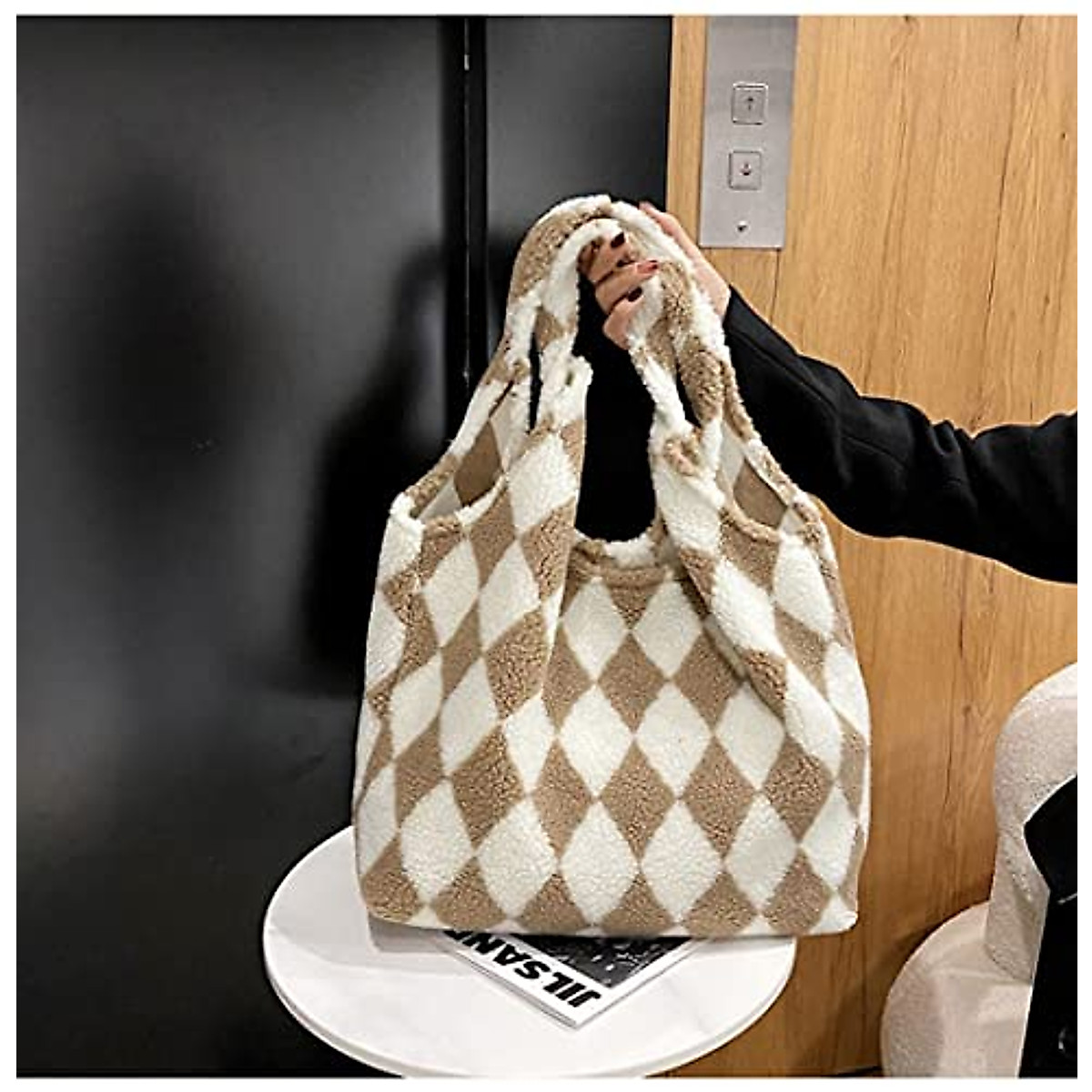 ESHMei Women's Plaid Plush Underarm Bag Large Capacity Fluffy Shoulder Bag Women Furry Plush Tote Handbag, Khaki