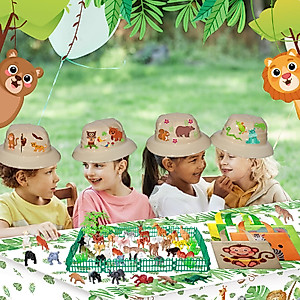 103 Pcs Safari Animal Kids Zoo Themed Party Supplies Favor Bulk Included Pith Hat Jungle Animal Plastic Tablecloth Tote Bags Silicone Bracelet Animal Stickers Mini Animal Figurines for Kids Birthday
