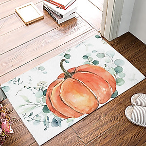 ALAGEO Fall Doormat Fall Pumpkin Door Mat Welcome Mats Entrance Floor Mat Green Eucalyptus Leaves Fall Seasonal Harvest Thanksgiving Floor Mat Outdoor Indoor Runner Rugs Non-Slip Floor Mat 20"x32"