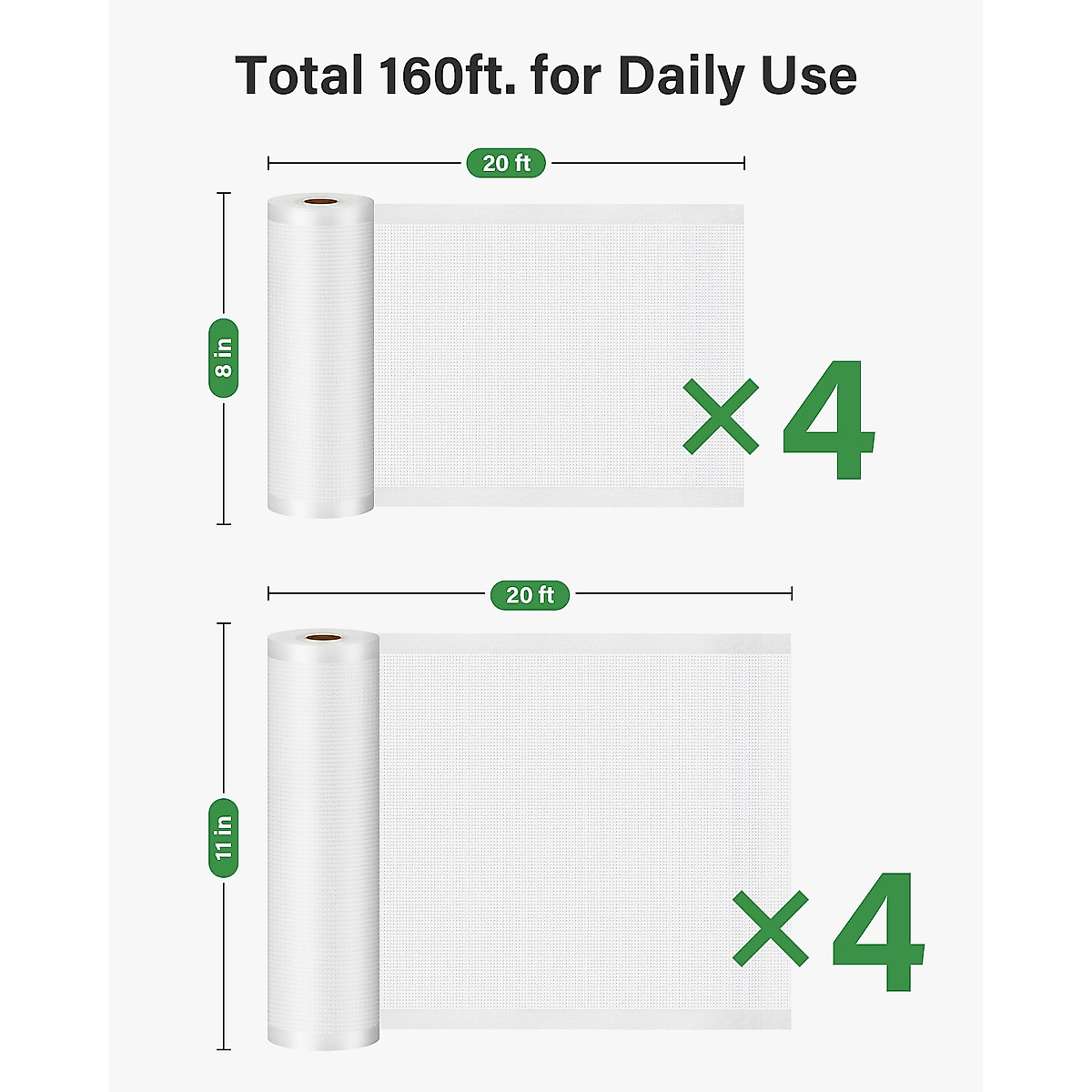 Kootek Vacuum Sealer Bags for Food, 8 Rolls for Custom Fit Food Storage, Meal Prep or Sous Vide, 8" x 20' (4 Rolls) and 11"x 20' (4 Rolls) Commercial Grade Vacuum Seal Freezer Bags Rolls