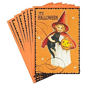 Hallmark Vintage Halloween Cards (8 Cards with Envelopes) Cute Witch with Black Cat and Jack-o-Lantern