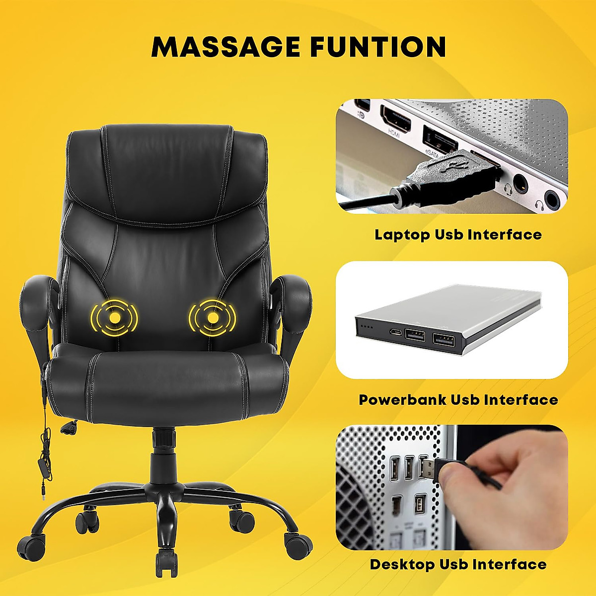 Big and Tall Office Chair 400lbs Wide Seat Ergonomic Office Chair with Lumbar Support Arms High Back PU Leather Executive Task Computer Chair,Black