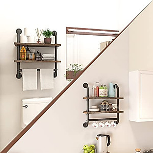 Homaterial Industrial Pipe Shelving Bathroom Shelves Wall Mounted with Towel Bar,23.5in Adjustable Rustic Wood Floating Shelf,2 Tier Farmhouse Towel Rack Metal Wall Shelf for Home&Bathroom