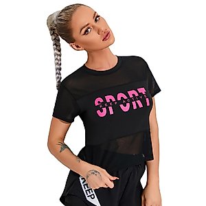 MakeMeChic Women's Workout Athletic Shirts Letter Graphic Mesh Insert Short Sleeve Crew Neck Stretch Sports Crop Tops Black M